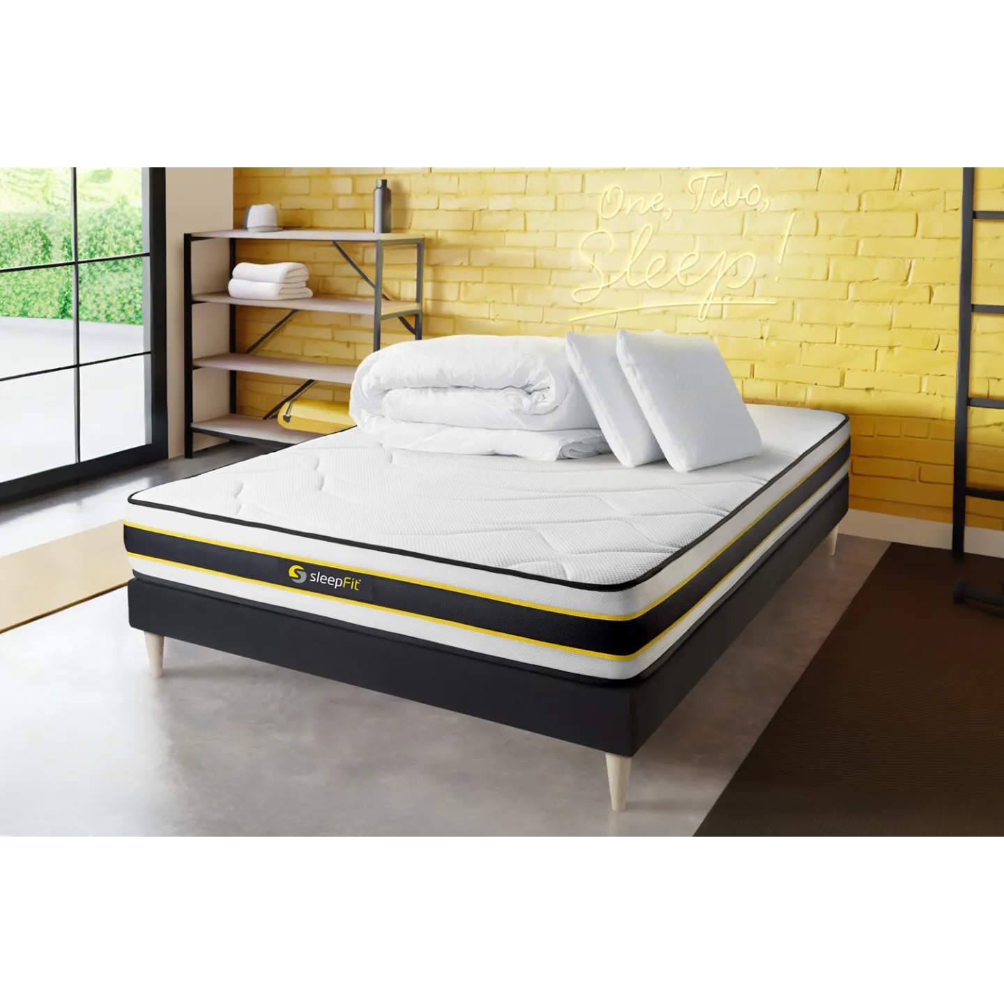 Pack lit complet 140x200 cm - Matelas + Sommier Noir (en kit) + 2 oreillers + Couette - Flexy